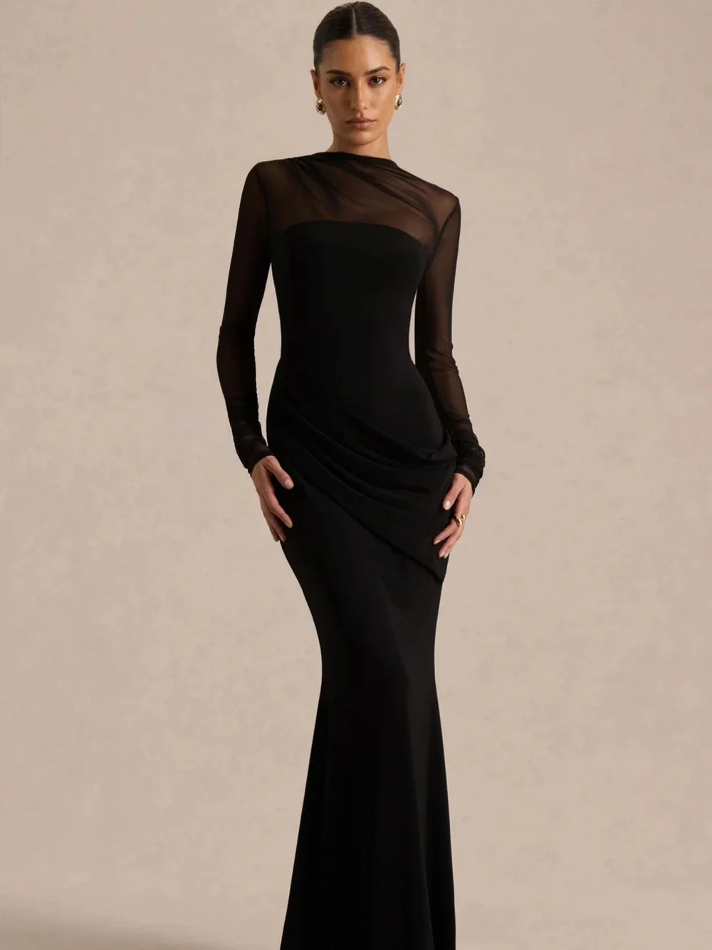 Club L London | Dresses | Club L London Black Sheer Long Sleeve Draped ...